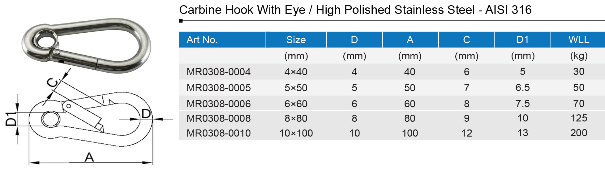 Spring Hook with Eyelet Stainless Steel
